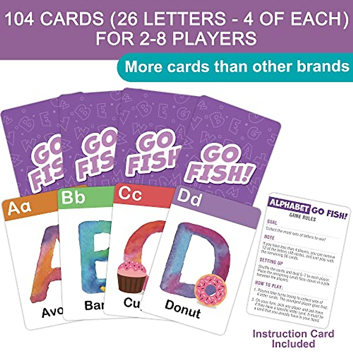BenBen Alphabet Go Fish Card Game for Kids,104 Cards, Oversized ABC Learning Playing Cards, Memory Matching Games, 2-8 Players, Ages 3 and up, Easter Basket Stuffers, Stocking Stuffers