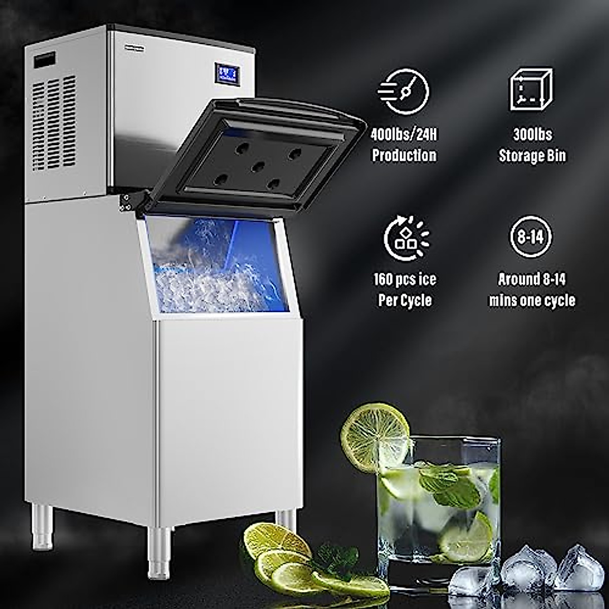 Commercial Ice Maker Machine 400lbs/24H with 300Lbs Large Storage Bin, Industrial Ice Machine with SECOP Compressor,ETL Approval, Scoops Hose Included,Perfect for Bar Restaurant,110V