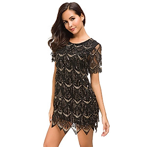 VVMCURVE Women's Sequin Fringe 1920 Short Prom Dress Sequins Art Deco Cocktail Gatsby Party Dress with Short Sleeve (Large, Black)