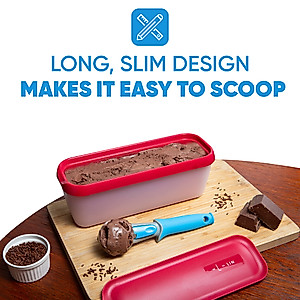 LIN Insulated Ice Cream Containers 2-Pack with Serving Scoop - 1.6 Quart Reusable Rectangle Dessert Storage Tubs for Homemade Ice Cream, 1 Red & 1 White Lid - Non-BPA Plastic - Dishwasher-Safe