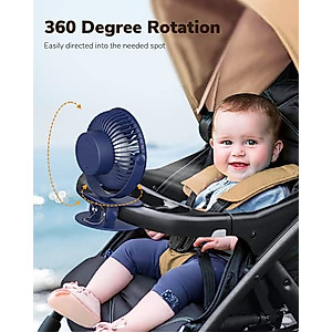 CAFELE Stroller Clip on Fan, 【Ultra Quiet】 Rechargeable Battery Operated Personal Fan Strong Airflow, 4 Speeds Max 24Hrs 6-inch Small Portable Fan for Bed Desk Car Seat White Blue