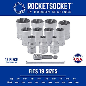 ROCKETSOCKET | 13 Piece Impact Grade Extraction Socket Set | Made in USA | ⅜” Drive | Remove stripped, frozen, rounded-off Bolts, Nuts & Screws