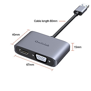 Qwiizlab USB 3.0 to HDMI VGA Adapter, 1080P@60Hz Video Converter, Supports Windows 7/8/10/11 Only, USB-A Data Port