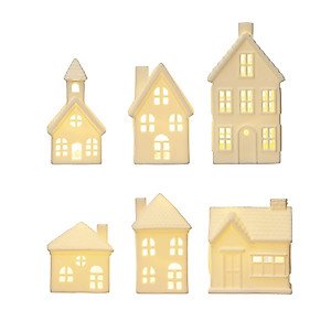 Creative Co-Op Stoneware Bisque Houses with LED Lights, White, Set of 6