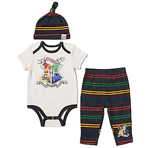 Harry Potter Gryffindor Slytherin Ravenclaw Newborn Baby Boys 3 Piece Outfit Set: Cuddly Bodysuit Pants Hat White/Gray 3-6 Months