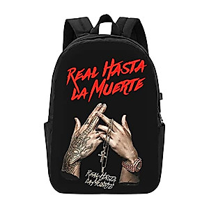 HQEKMS Real Hasta La Muerte Backpack,17Inch Lightweight Bookbag with USB Charging Port Travel Casual Backpack, Black, One Size