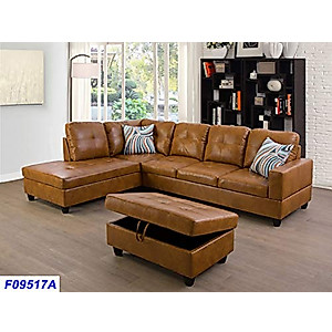 AYCP Contemporary Sectional Sofa w/Chaise and Storage Ottoman|3-Piece L-Shape Living Room Furniture|Faux Leather Upholstery|High-Density Memory Foam Cushions|(2) Toss Pillows (Ginger Left Facing)