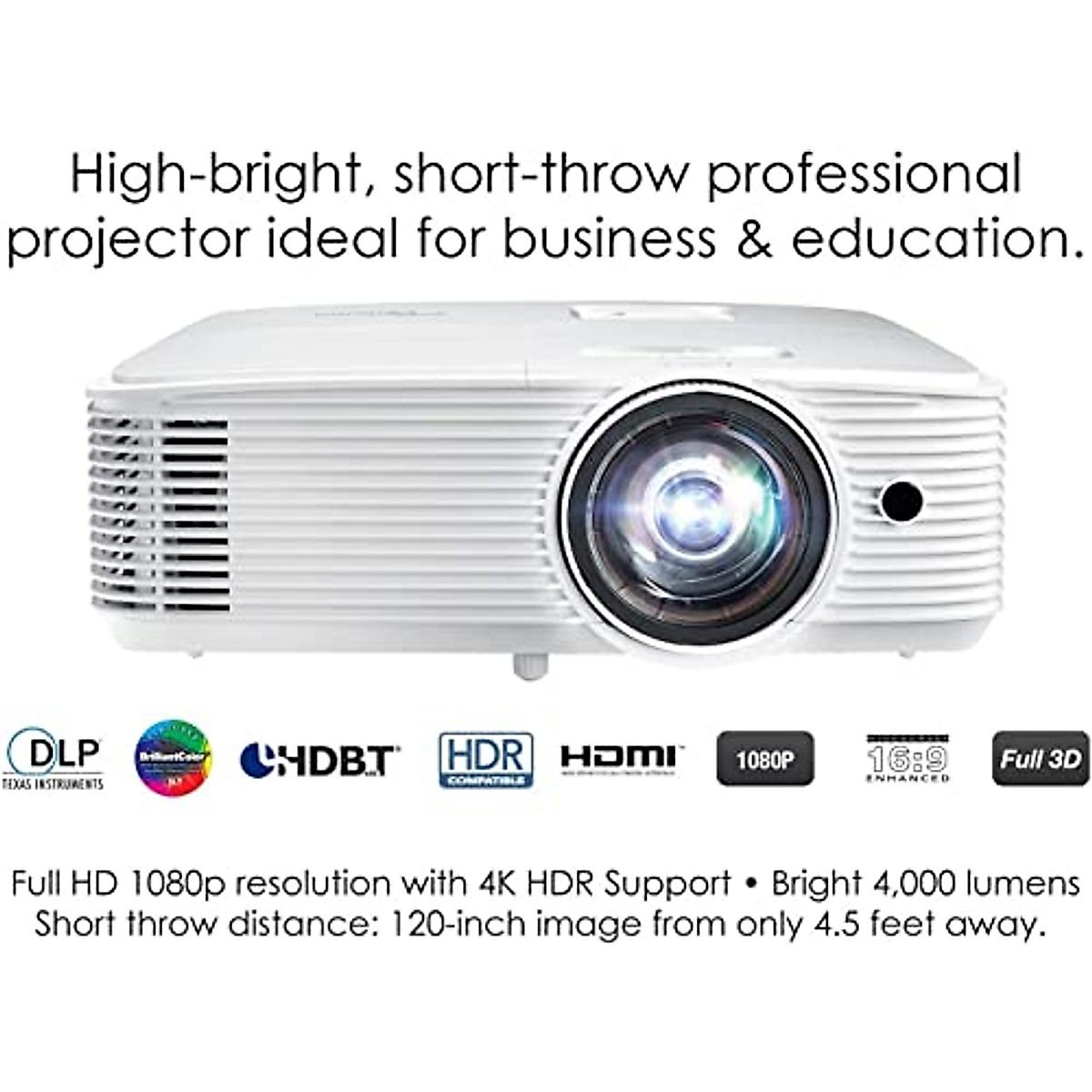 Optoma EH412STx Short Throw 1080p HDR Professional Projector | Super Bright 4,000 Lumens | Business Presentations, Classrooms, and Meeting Rooms | 15,000 Hour Lamp Life | Speaker Built in | Portable