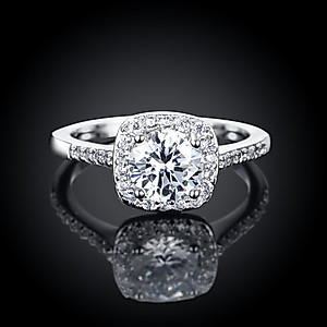 Uloveido Charm White Cubic Zirconia Wedding Band with Square Simulated Diamond Rhodium Plated Brass Rings Engagement for Women (Platinum Color, Size 9) KR002