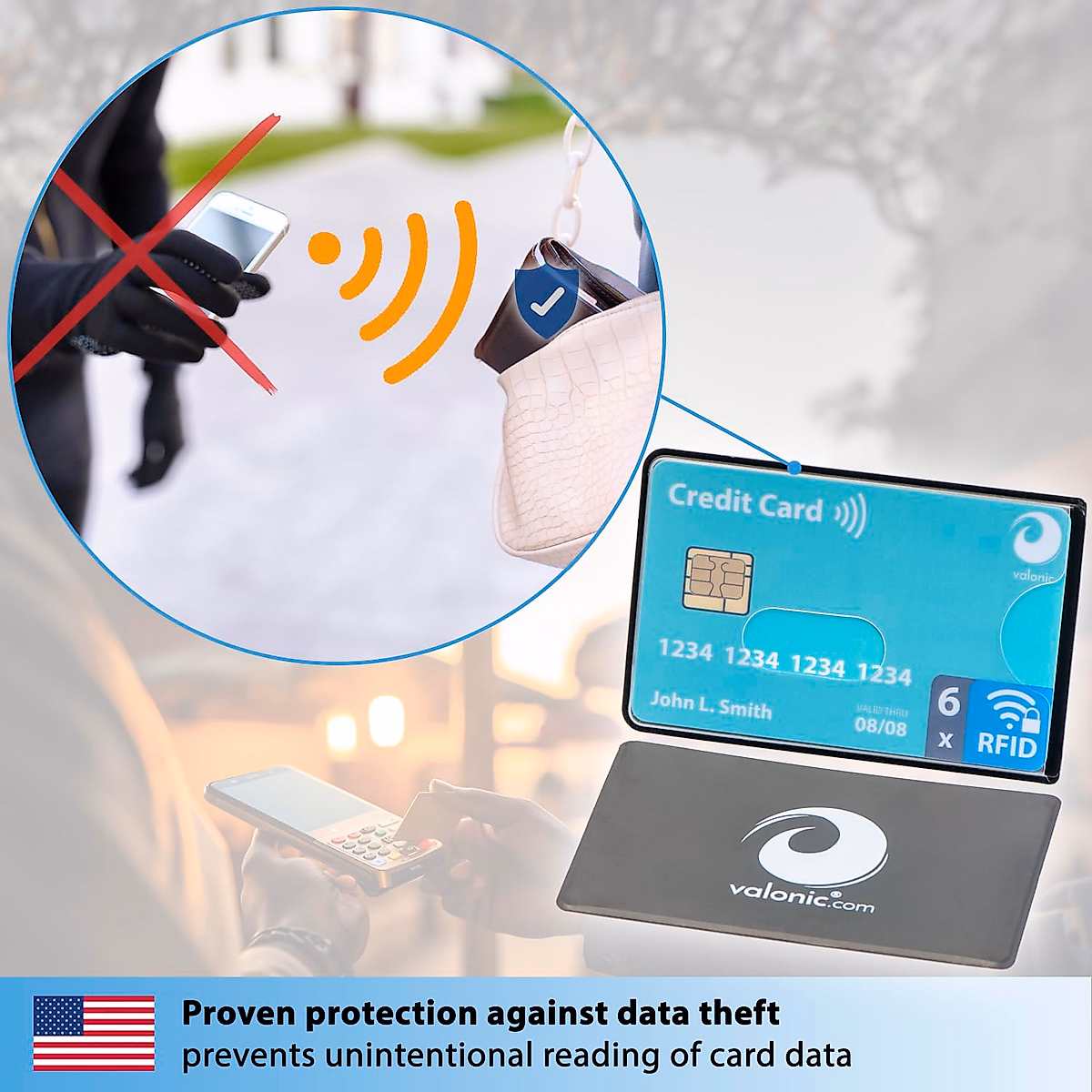 valonic Set of 6 RFID Blocking Sleeves - Transparent Front, Credit Card Protector Sleeve for Wallet - Protection Block for Debit Card, Passport and Metro Card