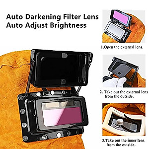 CDIYTOOL Full Protective Cowhide Leather Welder Hood Welding Helmet With Neck Shoulder Protective Gear, Welding Caps Welding Helmet with Auto Darkening Filter Lens Mask Work Cap