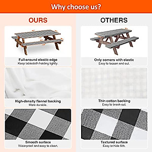 KENOBEE Picnic Table and Bench Fitted Tablecloth Cover, 3-Piece Set, Flannel Backing Elastic Edge Waterproof Wipeable Plastic Cover Vinyl Tablecloth for Home Goods Indoor Outdoor Patio, Black-White