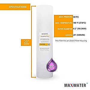 Max Water 20 inch x 4.5 inch, 5 Micron Replacement Sediment Water Filter Cartridge for Whole House, Melt Blown Filtration Fiber for Heavy Duty (Pack of 20)