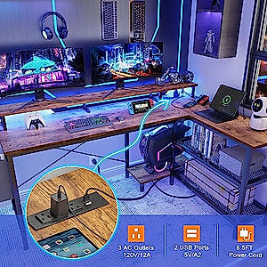 Furologee L Shaped Computer Desk with LED Lights & Power Outlet, Gaming Desk with 2 Reversible Storage Shelves, Corner Desk with 50" Monitor Stand, Writing Study Table with Cloth Bag for Home Office