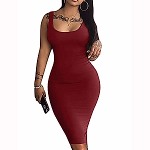 Padaleks Women's Summer Sexy Basic Sleeveless Tank Top Bodycon Dress Party Club Mini Dresses Knee Length