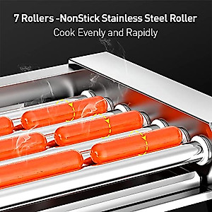 Leconchef Hot Dog Roller Machine Commercial Electric 7 Roller Grill Hot Dog Warmer Cooker Machine Stainless Steel with Dual Temp Control, Detachable Glass Cover & LED