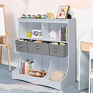 kinbor Kids Storage Organizer Bookcase - 3-Tier Toy Storage Cabinet Toddlers Bookshelf with 3 Removable Drawers, Baskets Multi Shelf Cubby for Nursery Activity Room Bedroom, White