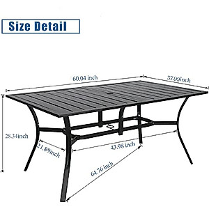 SOLAURA Outdoor Dining Table, 60" x 38" Patio Metal Steel Slat Table for 6-Person with 1.57" Umbrella Hole, for Gardens or Backyards, Black