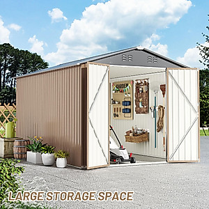 WKM Outdoor Storage Shed 8x12 FT, Utility Metal Tool Storage with Lockable Doors and Updated Frame Structure, Large Metal Garden Shed for Backyard, Patio Lawn, Brown