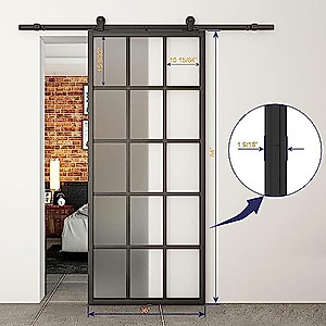 BARNSMITH 36in x 84in Frosted Glass Barn Door with 6.6FT Top Mounted Hardware kit Include Soft Close Mechanism DIY 15 Lites Modern Aluminum Frame Glass Sliding Barn Door Disassembled Easy Installation