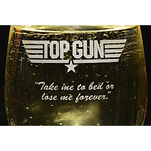 Top Gun Etched Stemless Wine Glass - with Logo & Quote "Take me to bed" - Officially Licensed, Premium Quality, Handcrafted Glassware, 15oz., Perfect Collectible Gift for Movie Enthusiasts