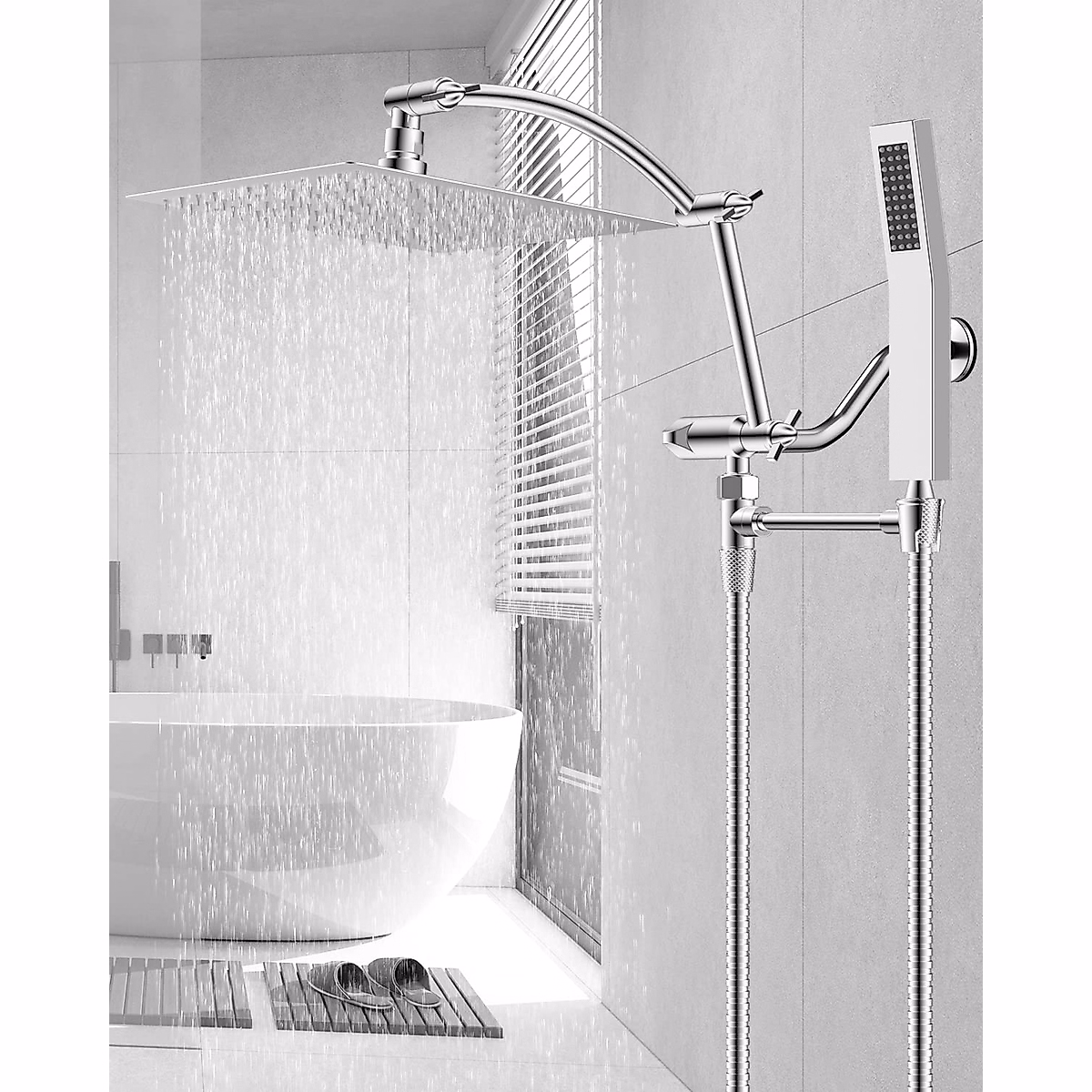 Hibbent All Metal 10'' Rainfall Shower Head, Square Shower Head Combo, High Pressure Handheld Shower Wand, 16'' Adjustable Arc-shaped Shower Extension Arm, 71'' Hose, 2 Showerhead Holders, Chrome