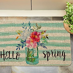 Artoid Mode Watercolor Stripes Hello Spring Doormat, Seasonal Holiday Home Low-Profile Floor Mat Switch Mat for Indoor Outdoor 17 x 29 Inch
