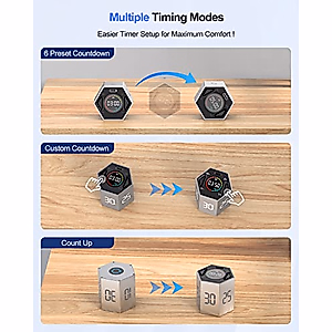 Ticktime Pomodoro Timer, Productivity Timer Cube, Hexagon Magnetic Flip Focus Timer, Mute & Adjustable Sound Alert, for Work, Office, ADHD, Study, Task, 3/5/10/15/25/30min & Custom Countdown - Gray