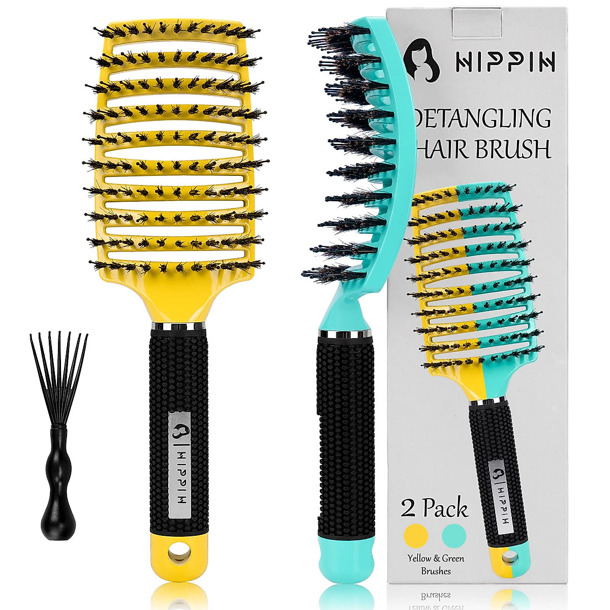 Detangling Brush 2 Pack, HIPPIH Boar Bristle Hair Brush for Women, Men & Kids' Wet or Dry Long Curly Thick Hair - Adds Shine and Smoothness Yellow