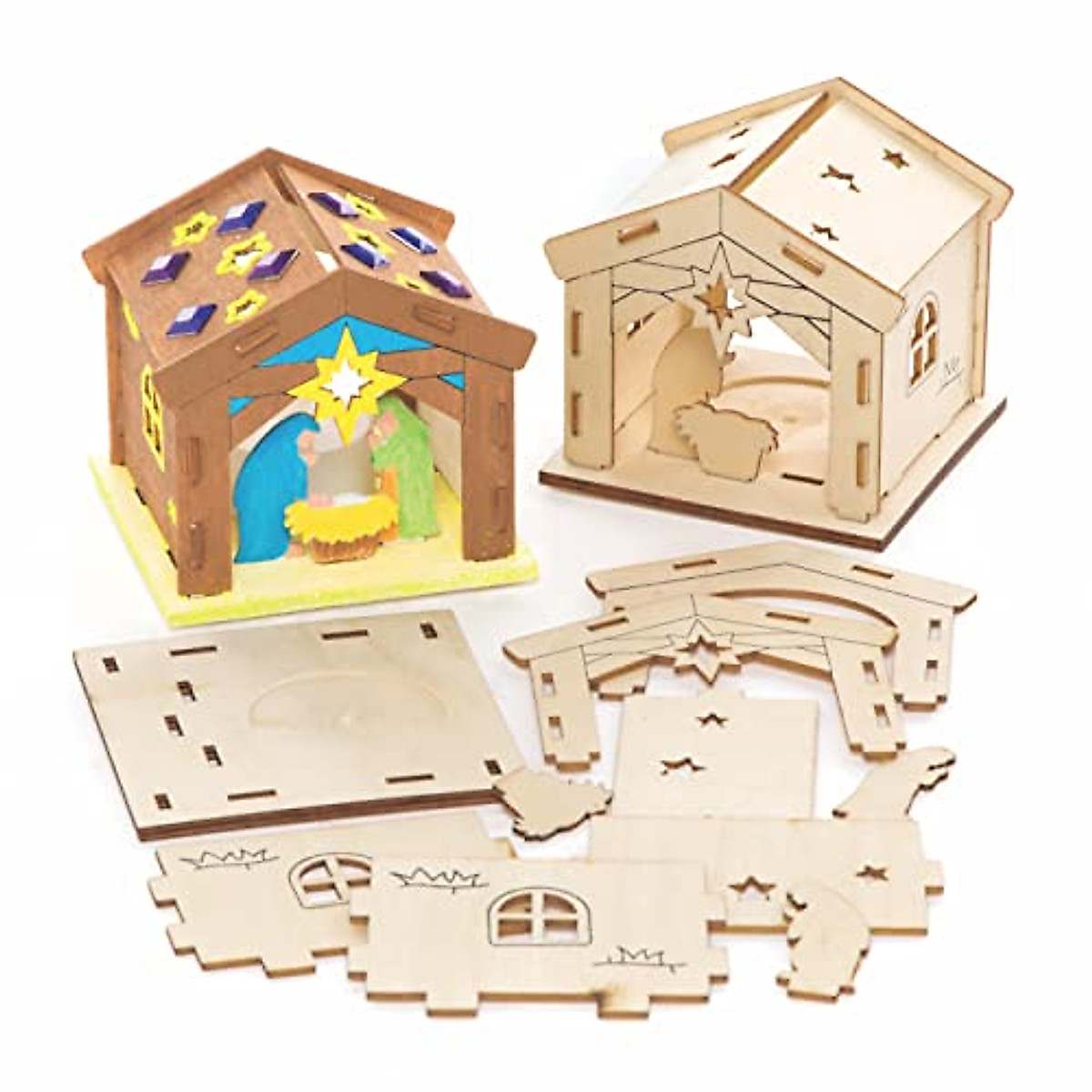 Baker Ross FC206 Nativity Stable Wooden Model Kit - Pack of 3, Tealight Holder to Decorate and Display, Wooden Crafts for Children, Ideal Christmas Arts and Crafts Project