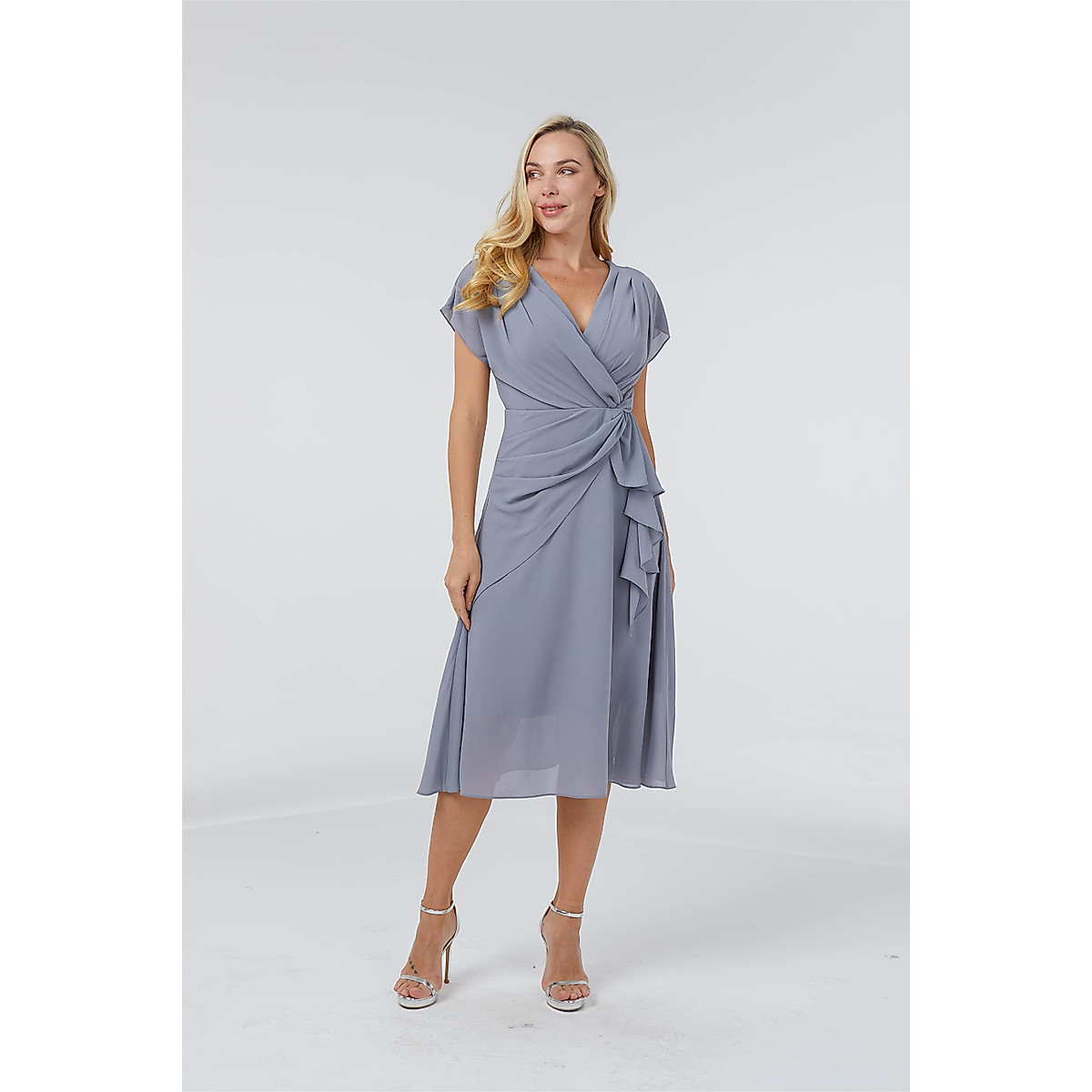 S・DEER Women's Summer Double V Neck Dress, Flutter Sleeve Ruffle Chiffon Formal Party Wedding Guest Midi Dresses(Grey,L)