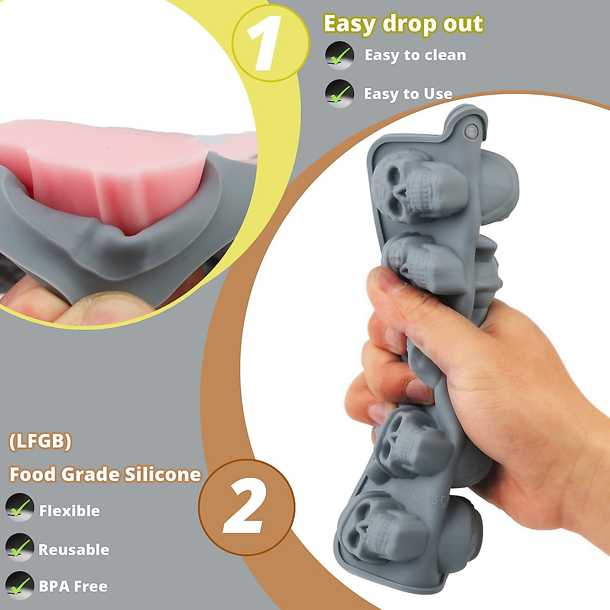 Skull Silicone Candy Mold for Hard Candy, Chocolates, Crayon, Jelly, Fondant, Jello,Whiskey Ice Cube Mold, Halloween Party Decoration, Pack of 2