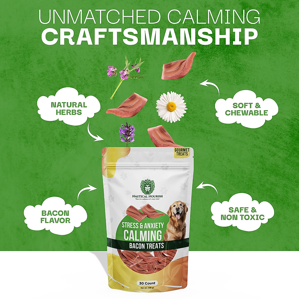 Nautical Nourish Calming Bacon Dog Treats - Help Relief Anxiety, Balance Stress Levels and Overall Mood, Supports Relaxation for Dogs, 30 Count