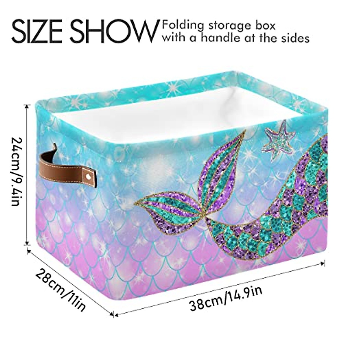 Rectangular Storage Basket Storage Bin - Mermaid Fish Scale Collapsible Storage Box with Leather Handles Shelf Basket Organizer for Home,Office,Nursery,Dorm,Shelf
