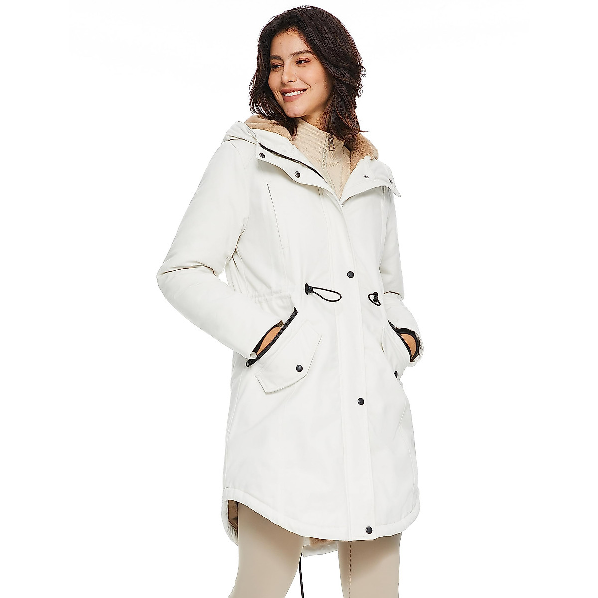Orolay Women's Thicken Fleece Lined Parka Winter Coat Hooded Jacket with Pockets Beige M