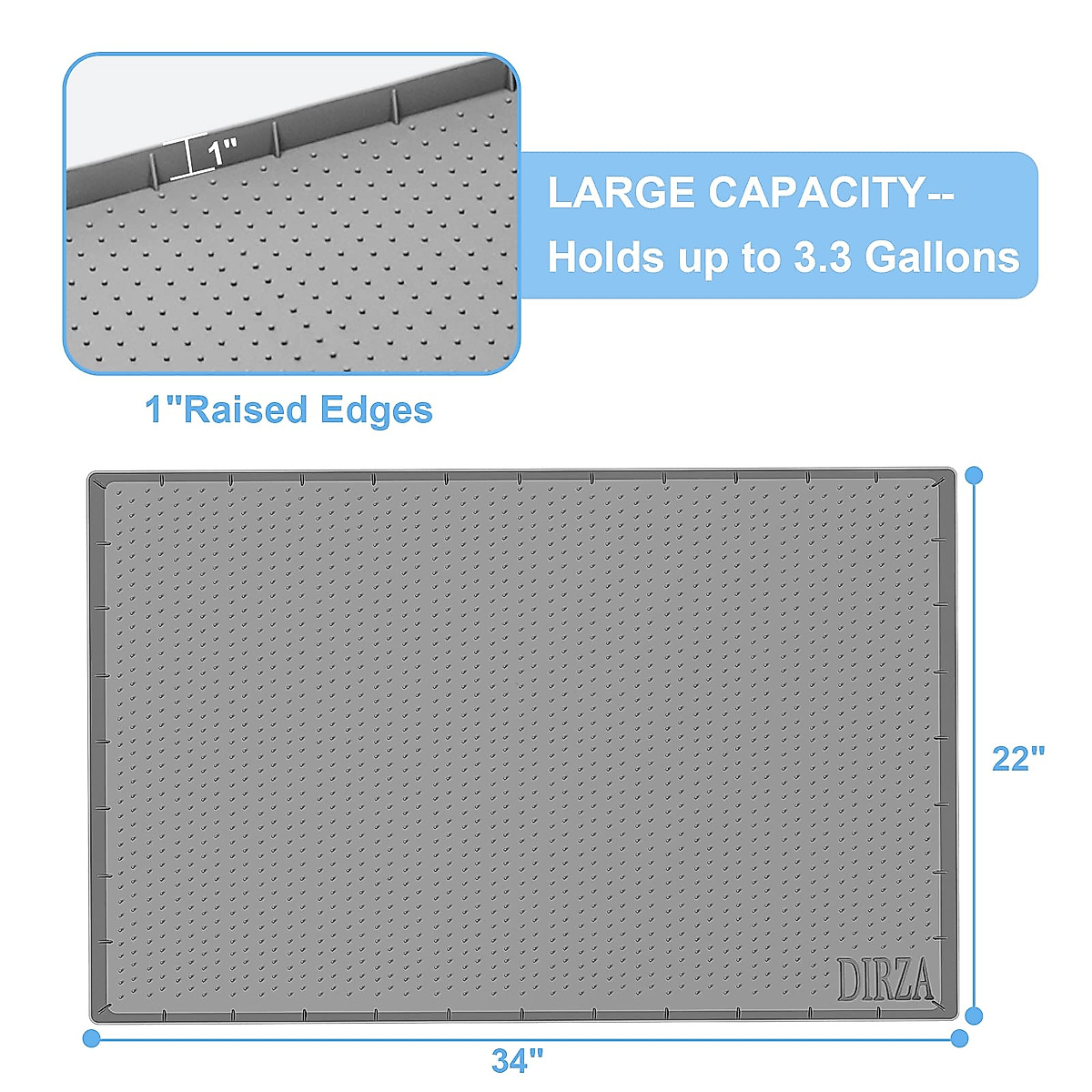 Dirza Under Sink Mat for Kitchen Waterproof 34" x 22" Flexible Silicone Under Sink Tray For Drips, Leaks, Spills,1" Height Hold up to 3.3 Gallons of Water Gray