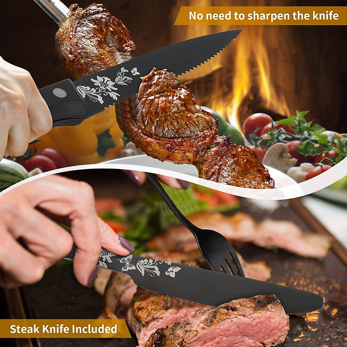 24-Piece Black Silverware Set with Steak Knives, Seolmae Unique Flower Design Stainless Steel Flatware Cutlery Set, Include Textured Fork Spoon Knife Set, Mirror Polished, Dishwasher Safe Utensils