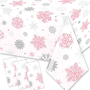 GREHUMOR 3pcs Snowflake Winter Tablecloth Party Decoration Winter Snowflake Pink White Wonderland Theme Table Cover Disposable Plastic Waterproof for Christmas Holiday Birthday Party Supplies