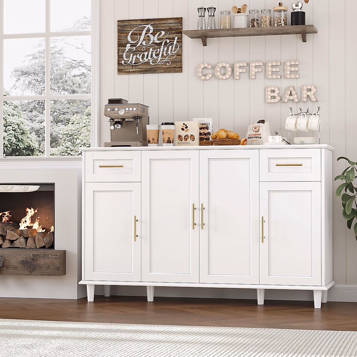 HOSTACK 55" Modern Sideboard Buffet Cabinet with Storage, Large Kitchen Buffet Storage Cabinet with Drawers and Shelves, Wood Coffee Bar Cabinet with Gold Handles for Kitchen, Living Room, White