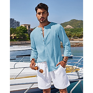 COOFANDY Men's Linen Button Down Shirt Long Sleeve Casual Beach Tops(Blue, Medium)