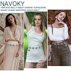 Navoky Turquoise Chain Belts Concho Belt Silver Metal Western Waist Chain Retro Boho Cowgirl Outfit Accessories for women (D, Medium)