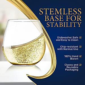 NutriChef 15oz Stemless Wine Glasses - Set of 2 Ultra Thin Elegant Red & White Wine Clear Crystal Glass Drinkware, Lead-Free, Hand Blown Seamless Bowl, Dishwasher Safe,