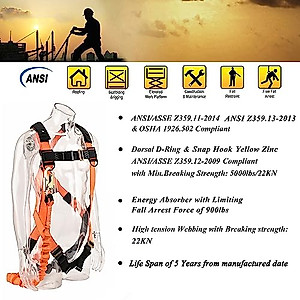 WELKFORDER 1D-Ring Industrial Fall Protection Safety Harness with 6-Foot Shock Absorber Stretchable Lanyard | Permanent attached Kit | ANSI Compliant Personal Fall Arrest System(PFAS)
