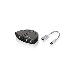 IOGEAR 4 Port USB 2.0 Switch - Auto Printer Switch - USB-A to USB-C Adapter Kit - Manually or Auto Control - LEDs Indicate - Plug N Play - GUB431CA1KIT