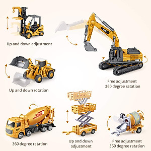 Geyiie Construction Vehicles Truck Toys, Engineering Truck Die Cast Alloy Truck Head, Tractor Trailer Excavator Dump Loader Cement Forklift Sandbox Gift for Toddlers Kids 3 4 5 6 Year Old Boy