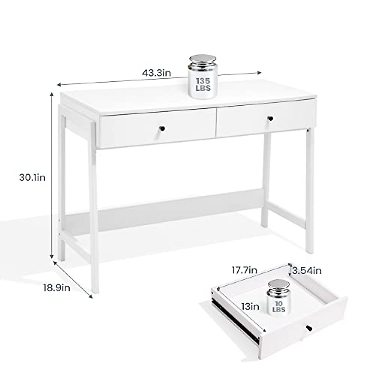 JOINHOM White Desk with 2 Drawers, Home Office Studying Working Desk, Makeup Vanity Table Desk for Bedroom