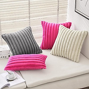 MIULEE Hot Pink Throw Pillow Covers 18x18 Inch Set of 2 Fuzzy Striped Soft Pillowcase with Velvet Back Faux Rabbit Fur Cushion Covers Decorative Home Decor for Couch Sofa Bedroom Livingroom
