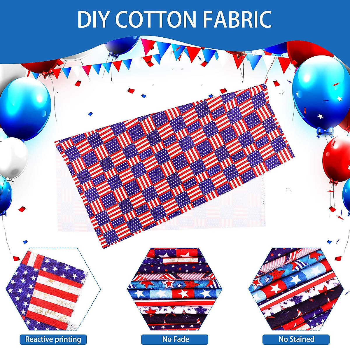 Tatuo 10 Pcs 20 x 20 in Patriotic Fabric Bundle 4th of July Quilting Fabric Memorial Day Fabric Squares Independence Day Print Fabric American Flag Pattern Polyester Cotton Fabric DIY Craft Patchwork