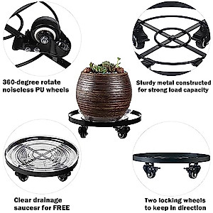 3 Packs Large Metal Plant Caddy 12.6” Plant Dolly with Wheels Heavy-Duty Wrought Iron Rolling Plant Stand with Casters for Indoor and Outdoor Plant Pot Rollers Black, 12" Clear Plant Saucers Included