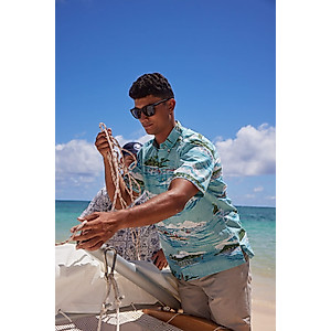 Reyn Spooner Men's Heihei Wa'a Tailored Button Front Oceanic Hawaiian Aloha Shirt, Turq Sea, XL